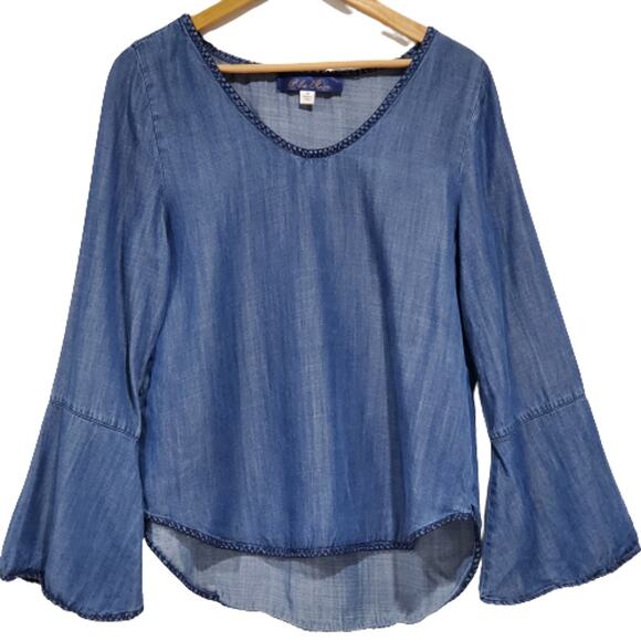 Blue Rain | Tops | Blue Rain Blue Bell Sleeve High Low V Neck Top ...